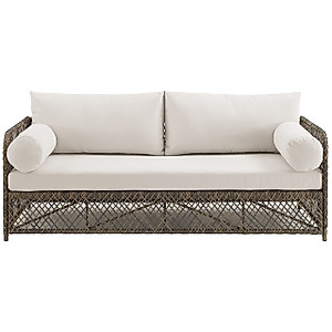 Crosley Furniture Granite Bay Wicker Outdoor Sofa, 3-Person Patio Couch for Porch, Deck, Backyard, Stone with Crème Cushions