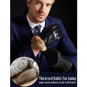 OCXMME Super Warm Rabbit Fur Mens Leather Gloves for Men Winter Touchscreen Texting Driving Gloves Black Medium