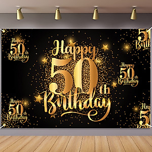 Mnixy Happy 50th Birthday Backdrop Banner Step and Repeat 50 Years Old Background Decorations for Women Men Her Him Photography Party Supplies Glitter Black Gold (1)
