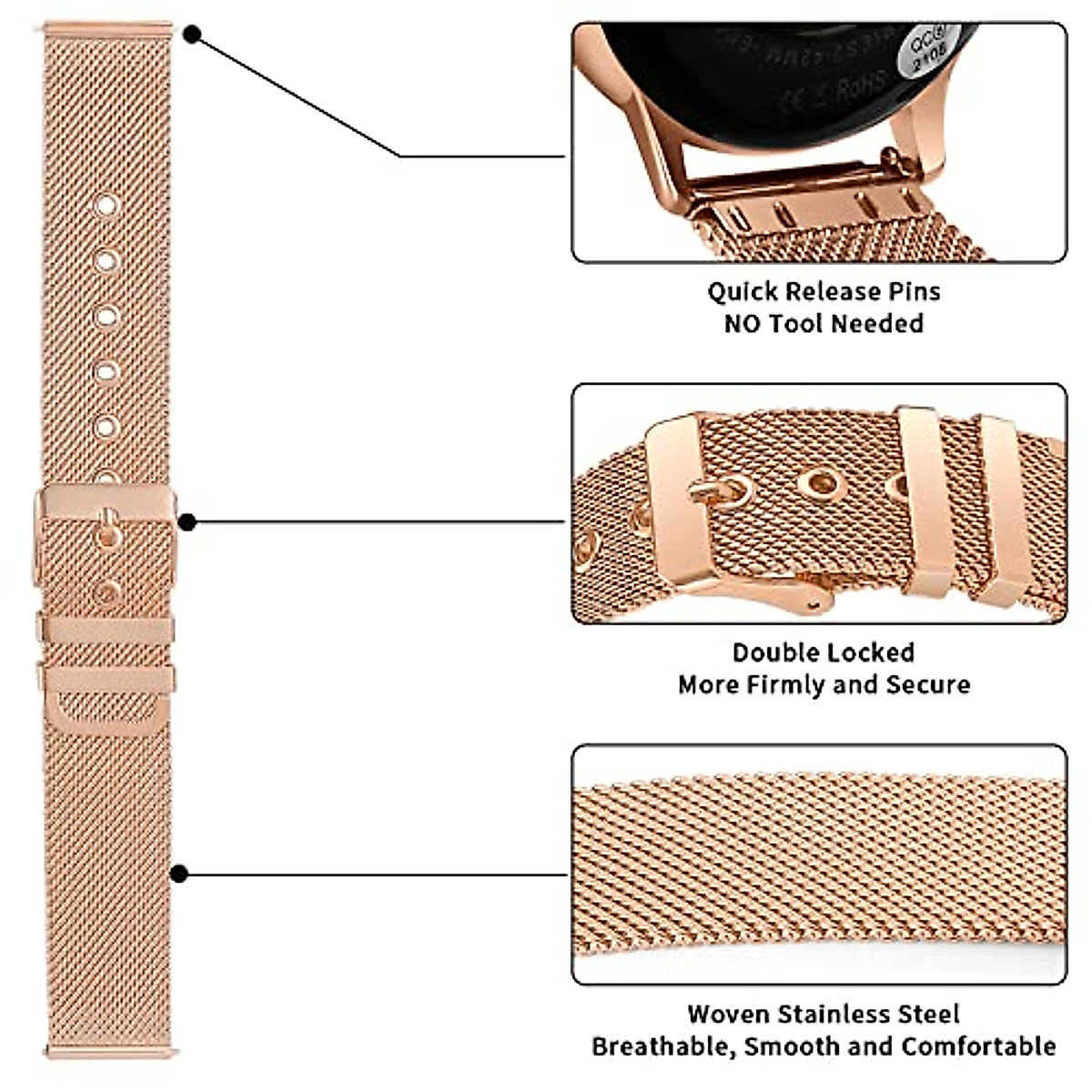 iCover Watch Band 18mm 20mm 22mm quick release Replacement bands Compatible for Smart watch or traditional watch, Universal Stainless steel Metal Mesh Watch strap for Men Women (20mm, Rose Gold)