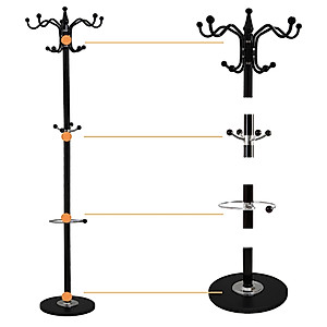Sifenma Vertical Metal Coat Rack Stand with Marble Base, Clothes Tree, 15 Hooks for Hanging Coats, Jackets, Bags, Home Entrance Hat Hanger Organizer, Umbrella Tree, Freestanding Hall Tree(Black)