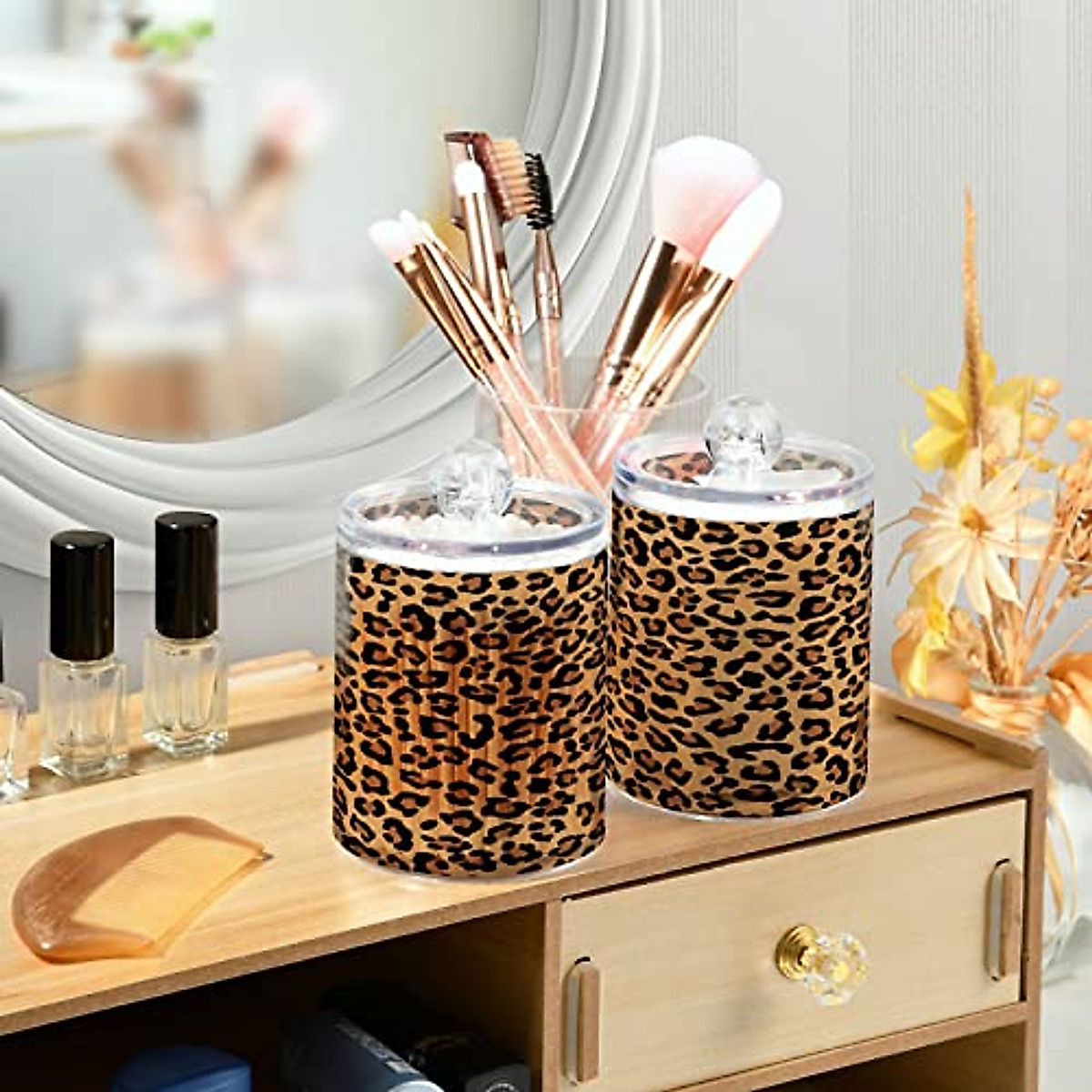 Kigai Leopard Animal Print Qtip Dispenser Apothecary Jars Bathroom, 2 Pack of 14 oz - Qtip Holder Storage Canister Clear Plastic Acrylic Jar for Cotton Ball, Cotton Swab, Cotton Round Pads, Floss