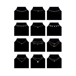 Ofeiyaa 12pcs Chain Gold Bead Necklace Coin Moon Star Pearl Pendant Chain Choker Multilayer Necklace Leather Cord Set for Women Men Gold Adjustable