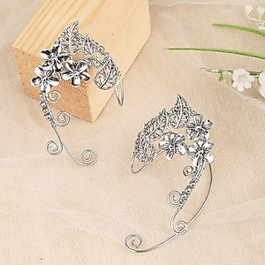 Elven Ear Cuffs for Women, Handmade Elf Fairy Earrings Cuff Wrap Clip-on Filigree Earrings for Fantasy Fairy Halloween Costume, Cosplay, Wedding, Handcraft (Silver)