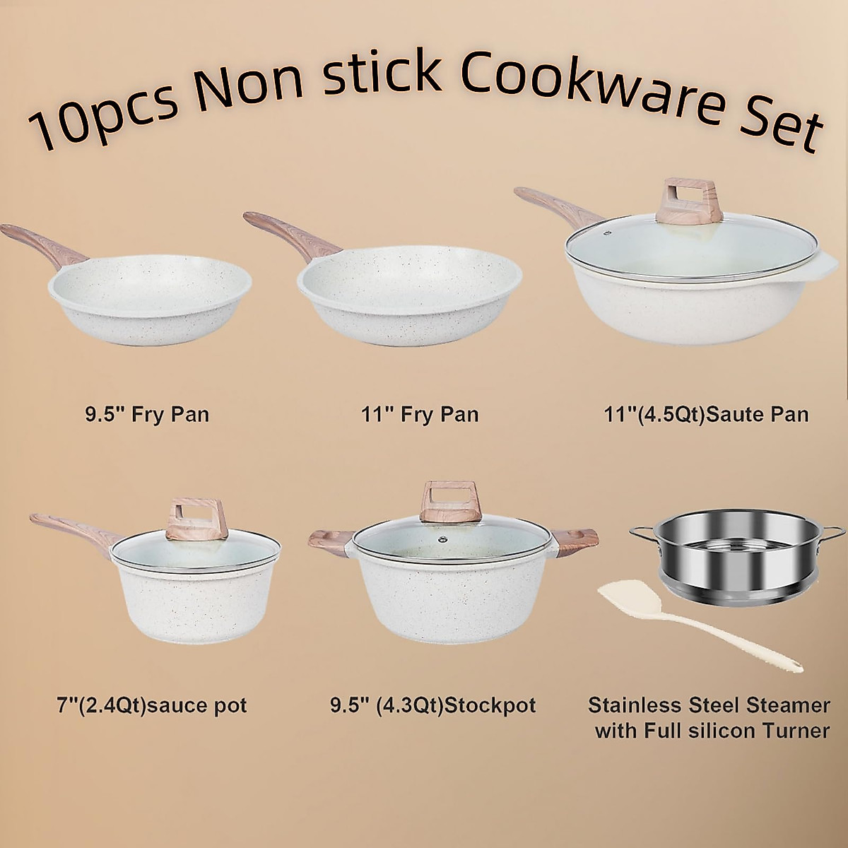 Ucclife 10pcs Pots and Pans Set Nonstick, Granite Frying Pans Induction Kitchen Cookware Sets, with Wood Print Handles Frying Pans, Saucepans, Steamer Shovel Spoon, Beige