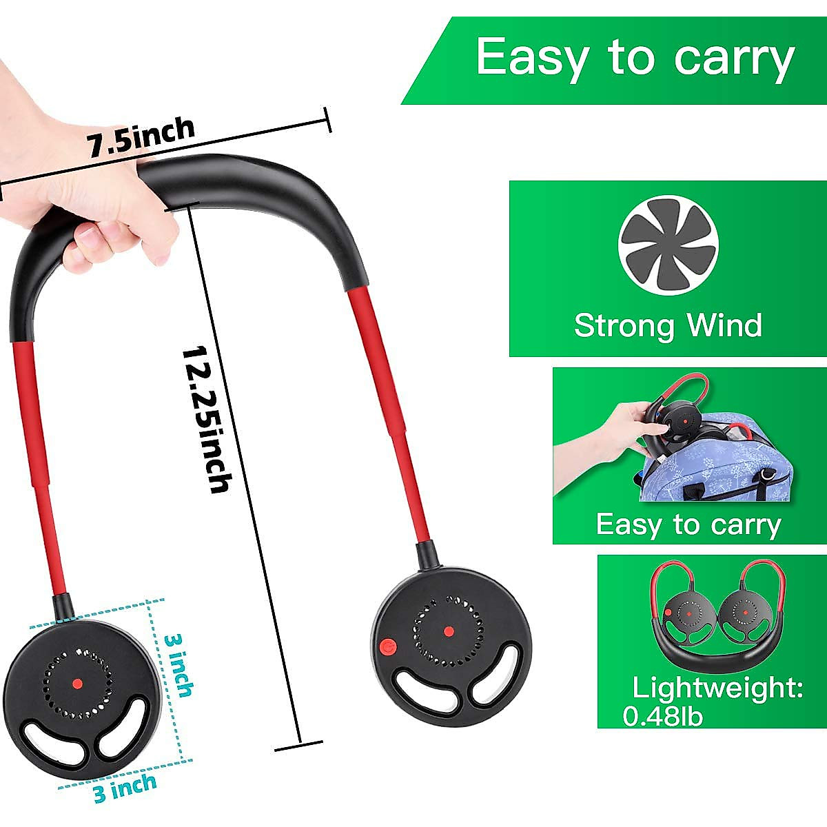 Hands Free Portable Neck Fan, Mini USB Bladeless Personal Fan with Neck Hanging Design USB Battery Rechargeable with 3 Speeds Adjustable Air Flow, 2 Wind Head for Travel Outdoor Office Home Sports