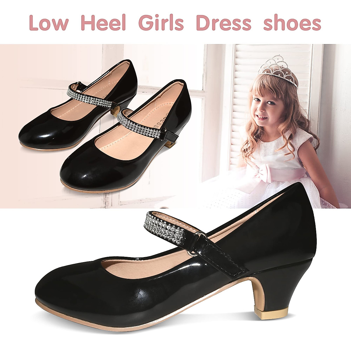 BESSIVIC Girls Dress Shoes Mary Jane Shoes for Girls with Low Heel, Princess Flower Ballet Flats for Wedding School Party Black US 2