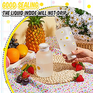 2 Pcs 480 ml 16.9 oz Glass Water Bottles with Scale Portable Water Milk Juice Cup with 4 Lids and 2 Straws Clear Daisy Flower Matte Cute Bottles Creative Cup for Christmas Gifts Women Girls Kids