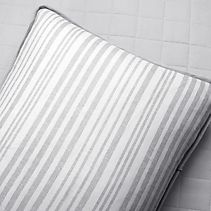 Lush Decor Farmhouse Box Stitch and Stripe Oversized Reversible Cotton 3 Piece Quilt Set, Full/Queen, Gray