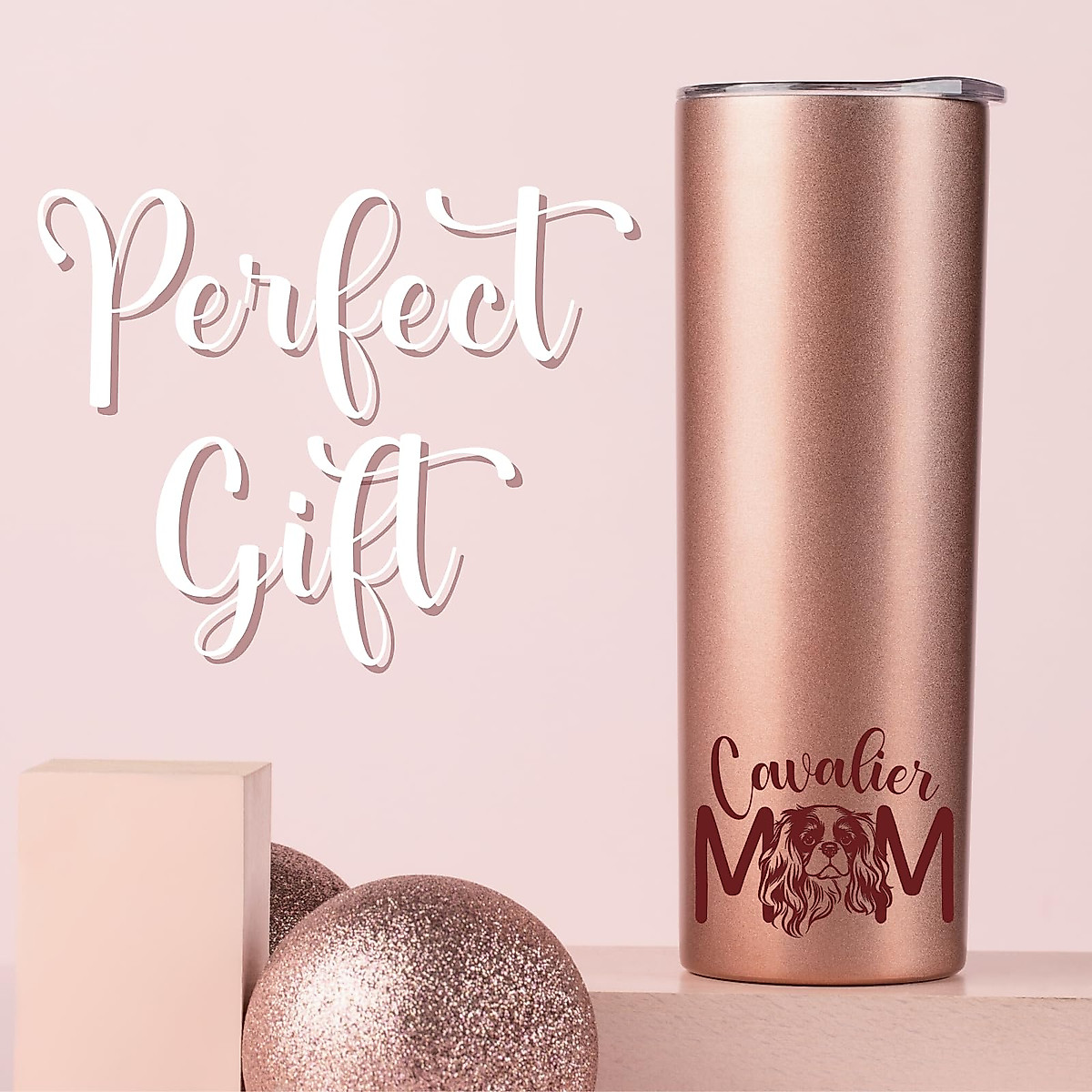 Onebttl Dog Mom Gifts, Dog Lover Gifts for Women, Best Dog Mom Ever, 20 oz Rose Gold Insulated Tumbler - Cavalier Mom