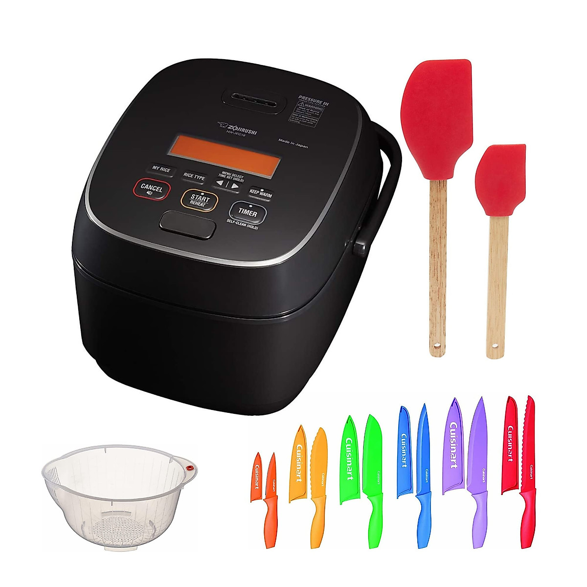 Zojirushi NW-JEC18BA Pressure Induction Heating, Rice Cooker and Warmer, 10-Cup Bundle with Rice Washing Bowl, Spatula, and 12 Piece Knife Set (4 Items)