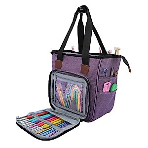 Knitting Yarn Bag, Portable Crochet Storage Tote Bag for Crochet Hooks, Knitting Needles, Yarn Skeins,Knitting Accessories Organizer,Suitable for Beginners and Experienced Crochet Lovers (Purple)