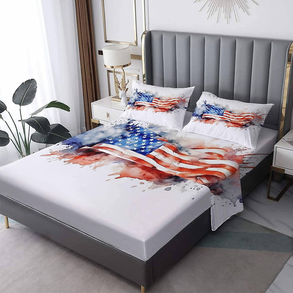 American Flag Sheets Full Size, Stars Bed Sheets, Patterned Bedding Sheets & Pillowcases 4 Piece Set - Soft Microfiber Deep Pocket Fitted Sheet & Flat Sheet & 2 Pillow Cases C3-&-220