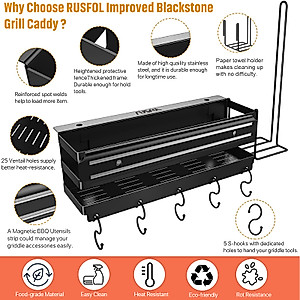 RUSFOL 3-in-1 Stainless Steel Griddle Caddy with Magnetic BBQ Utensil Strip and Paper Towel Holder for 28"/36" Blackstone Griddles,Space Saving BBQ Accessories Storage Box,Easy install&Free from Drill