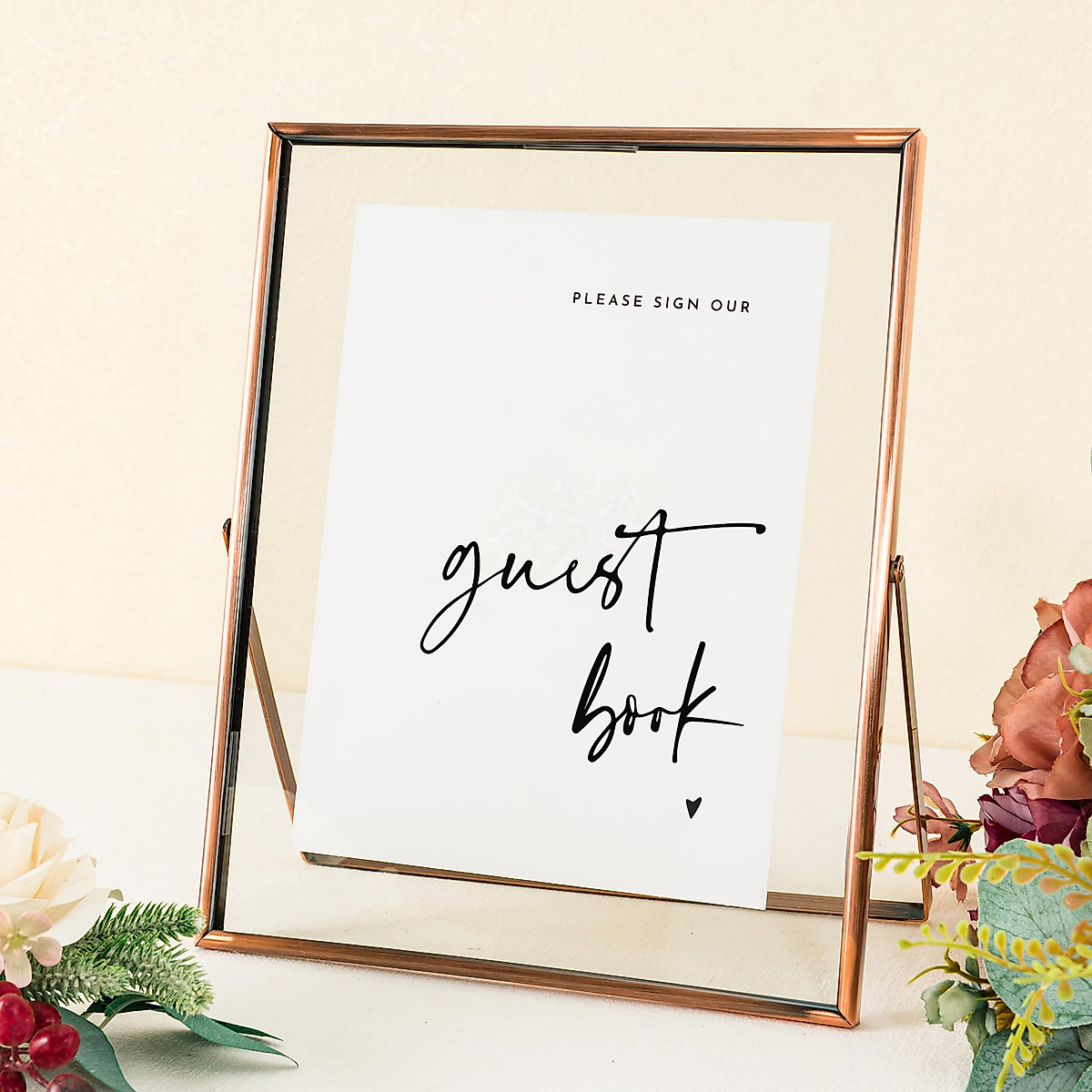 Calculs 'Please Sign' Clear Glass Copper Sign Holder, 8x10in Gold Glass Picture Frames Menu Holder for Wedding Party Table Sign