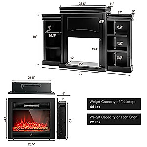 Tangkula 70" Mantel Fireplace, 750W/1500W Electric Fireplace w/Mantel & Built-in Bookshelves, 28.5-Inch Electric Fireplace w/Remote Control, 1-8H Timer, Adjustable Flame Brightness & Color (Black)