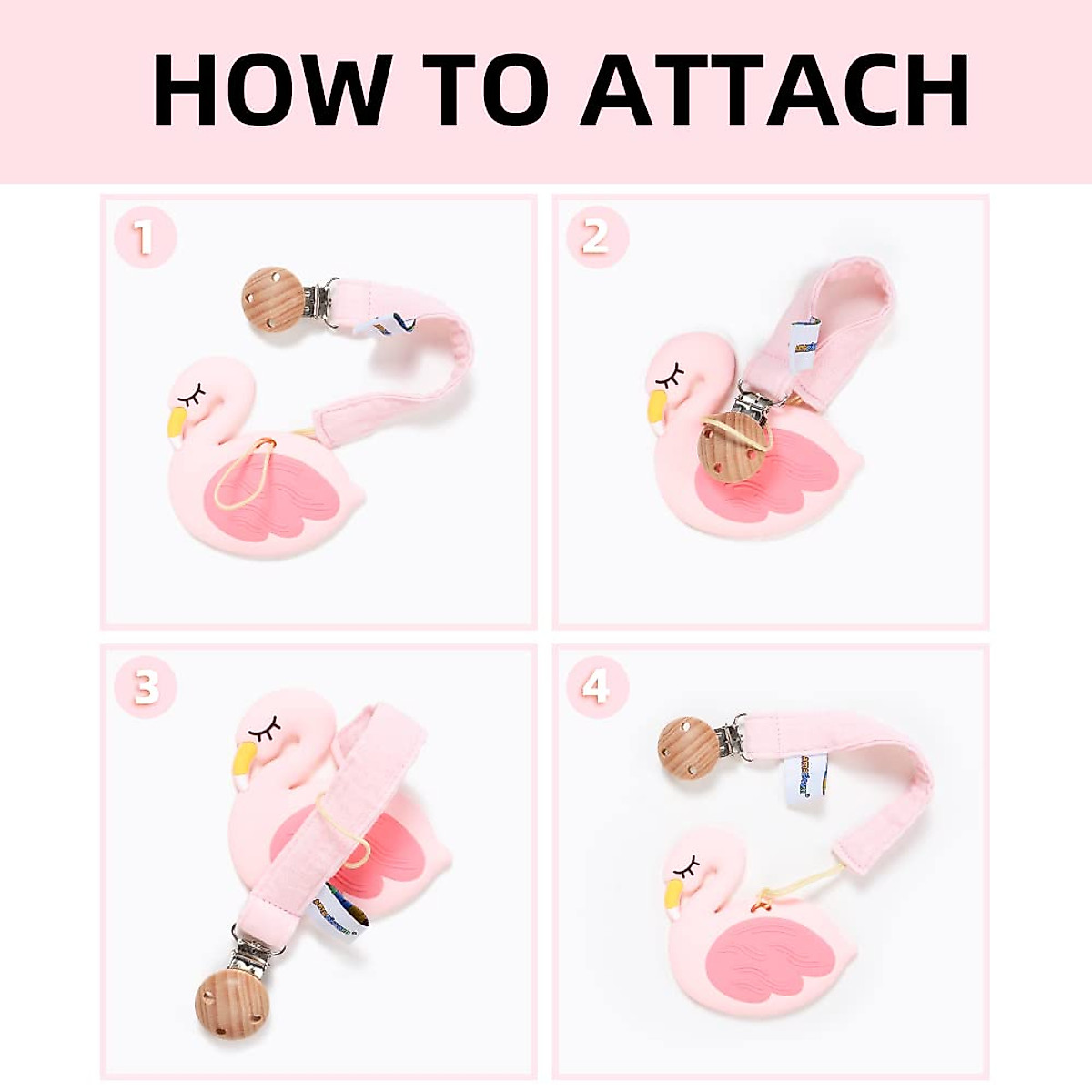 Baby Food Grade Silicone Teether Toy with Pacifier clip Holder,Teething Pain Relief Toys Gift Set for 3 Months+ Boys and Girls,Freezer Safe,BPA Free (Pink Flamingo)