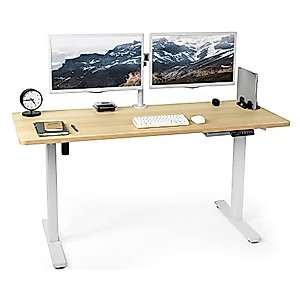 VIVO Electric Height Adjustable 60 x 24 inch Memory Stand Up Desk, Light Wood Solid One-Piece Table Top, White Frame, Standing Workstation with Preset Controller, 1B Series, DESK-KIT-1W6C