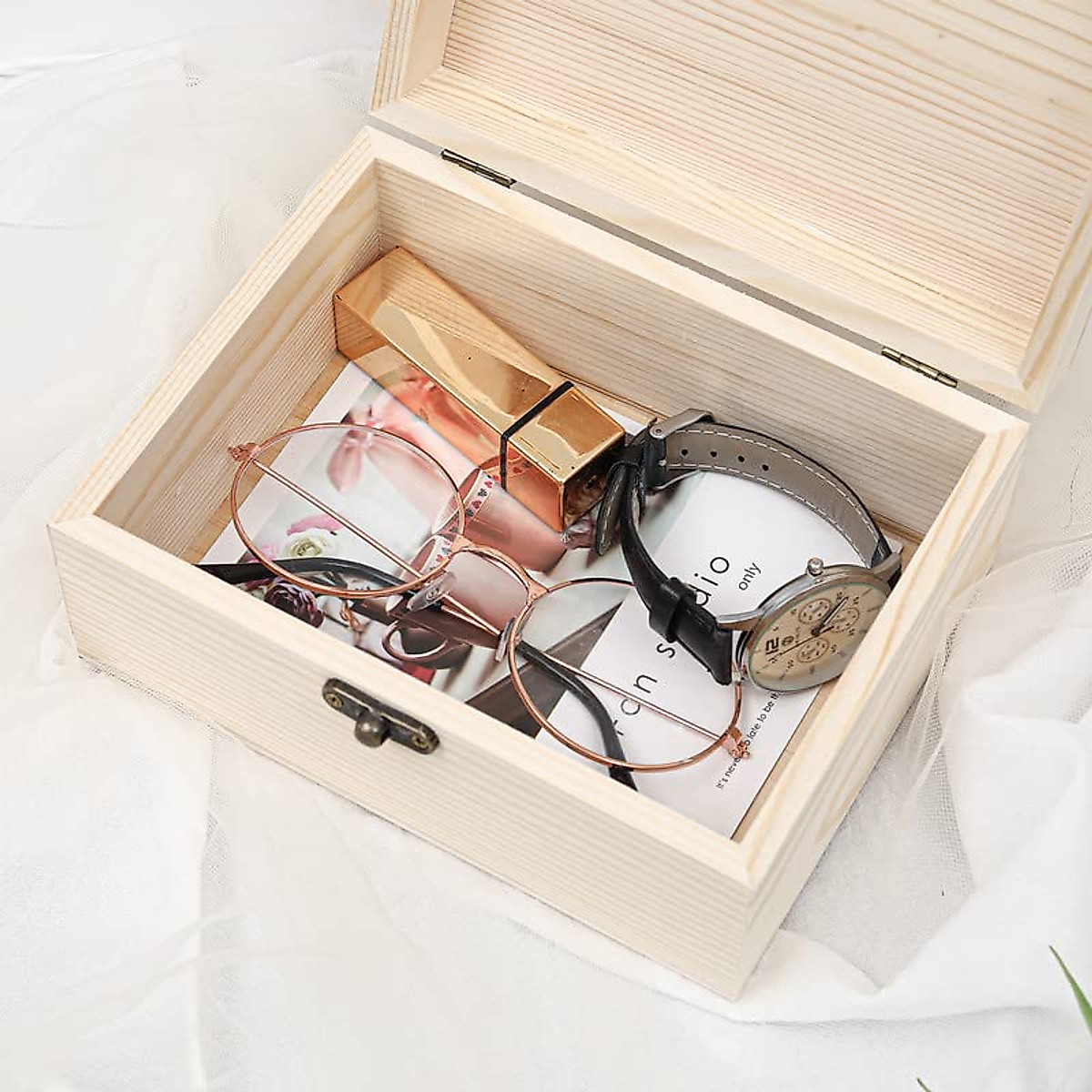 VIKOS Products (1-Pack Unfinished Unpainted Wooden Box with Hinged Lid for Crafts DIY Storage Jewelry Plain Pine Box - Small 6.7"x5.1"x3.1"