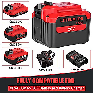 JYJZPB 9.5Ah 20V Replacement Battery for V20 Craftsman 20V Battery MAX CMCB204 CMCB205 CMCB206 CMCB202 CMCB201 Compatible for Craftsman V20 Series Lithium Ion Battery Cordless Power Tools