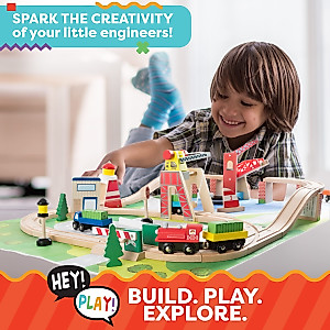 Wooden Train Set with Play Mat for Kids - Includes Deluxe Wood Tracks, Train Cars, Boats, Accessories for Boys and Girls by Hey! Play!