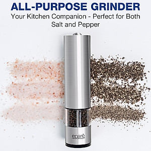 Electric Salt and Pepper Grinder Mill - Battery Operated Ceramic Burr Pepper Grinder Refillable - Automatic Stainless Steel Salt and Pepper Grinders - Pepper Mill Grinder With LED Light by Eparé
