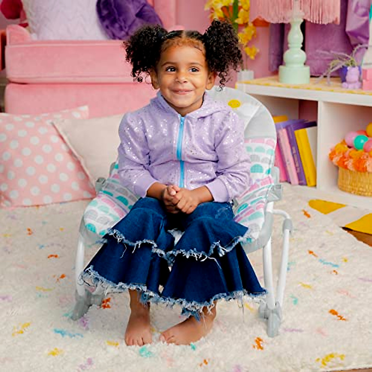 Bright Starts Rosy Rainbow Infant to Toddler Rocker with Vibrations, Baby Seat for Girl or Boy, Newborn +