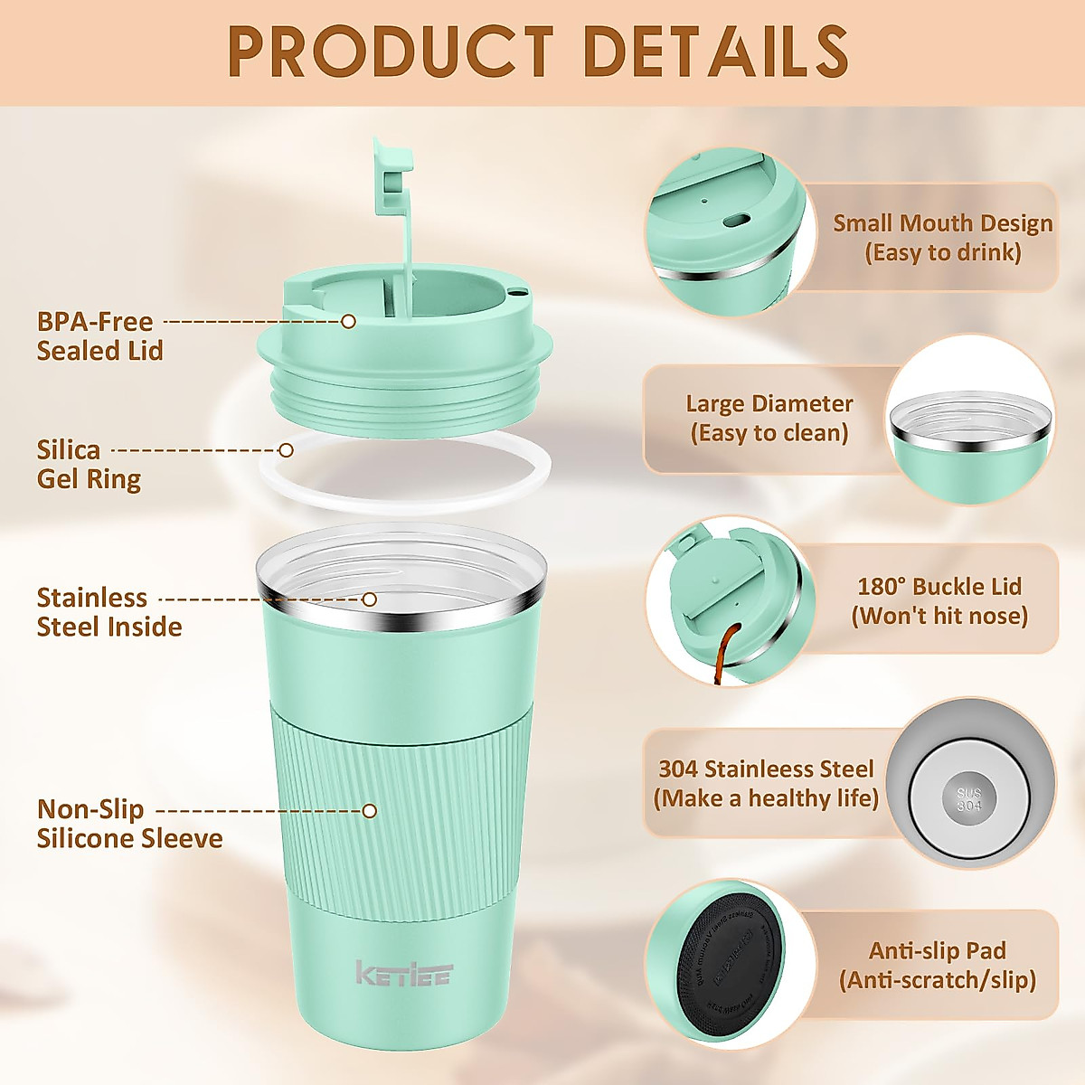 KETIEE 12oz Coffee Mug: Vacuum Insulated Coffee Cup with Leakproof Lid, Travel Coffee Mug Stainless Steel Double Walled Reusable Coffee Cup for Hot and Cold Water Coffee