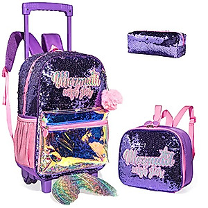 kids Rolling Kid Travel Toddler Duffle Bag Mermaid Backpack for Girls Carry on Luggage Roller Computer Suitcase with Pencil Case and Lunch Box Wheels Wheeled Sequins Backpacks Gradient Purple
