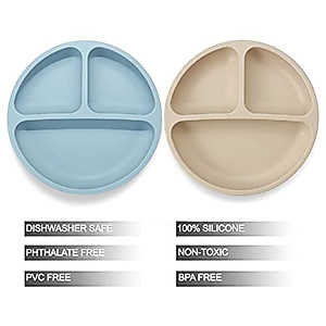 PandaEar 2 Pack Toddler Plates Silicone Suction Plates for Baby Kids| Divided Unbreakable Baby Feeding Plate, Non-Slip, Non-Toxic, BPA Free, Dishwasher and Microwave Safe