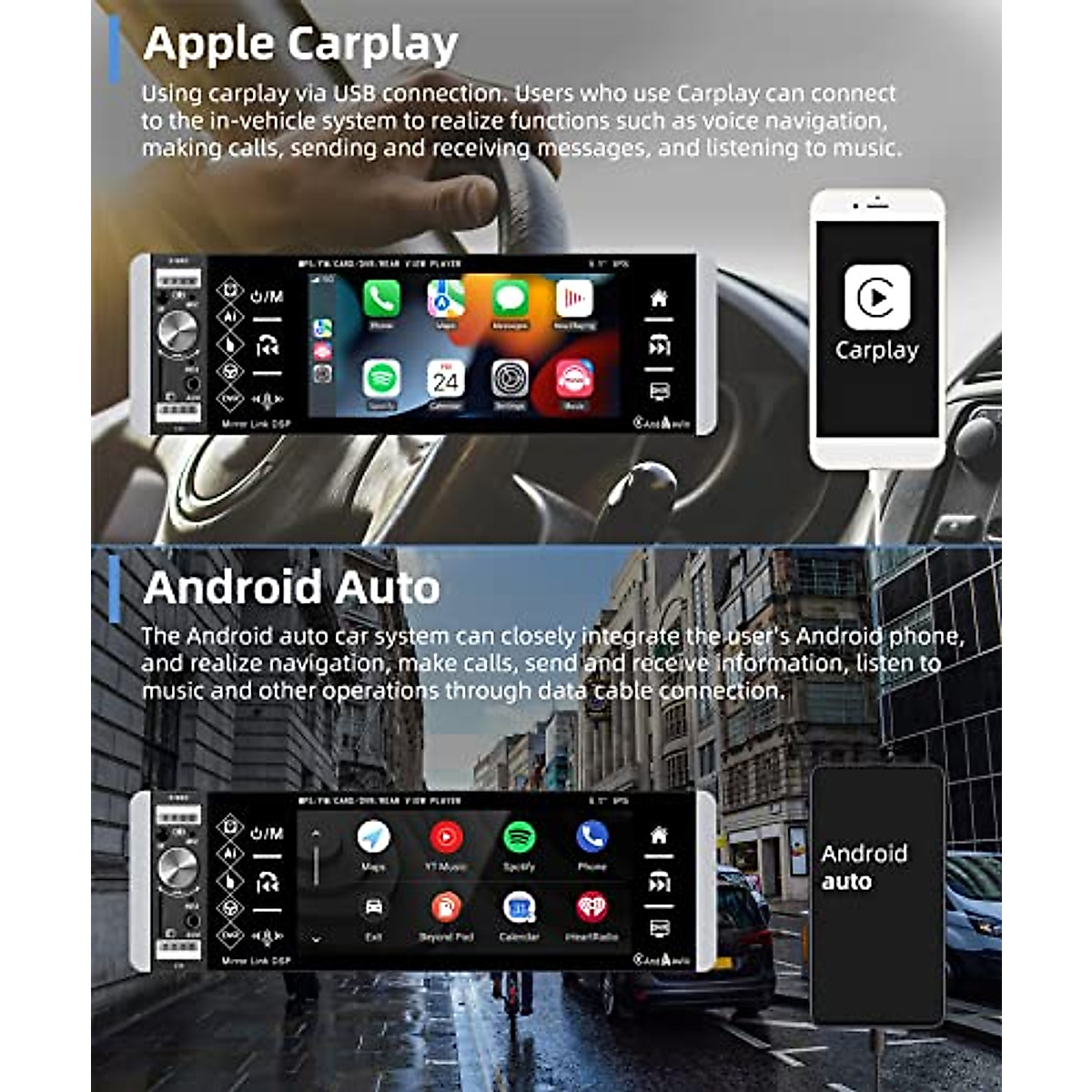 Single Din Car Stereo Support Apple Carplay Android Auto, Podofo 5.1'' IPS Touchscreen Car Radio Video Music Player Bluetooth Audio AUX/USB/FM Voice Assistant Steering Wheel Control Backup Camera