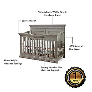 Sorelle Furniture Paxton Crib, Classic 4-In-1 Convertible Crib, Made of Wood, Non-Toxic Finish, Wooden Baby Bed, Toddler Bed, Child’s Daybed and Full-Size Bed, Nursery Furniture - Heritage Grey