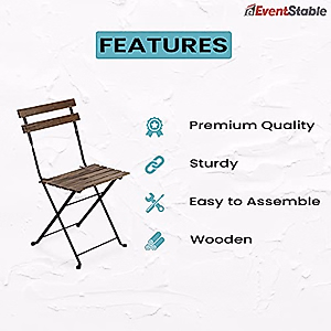 French Bistro Folding Chair - Wooden Patio Chair - Commercial-Grade Foldable Chair - Sturdy Black Steel Frame Outdoor Chair - Armless Folding Lawn Chair for Garden Backyard Porch - 4 Pack
