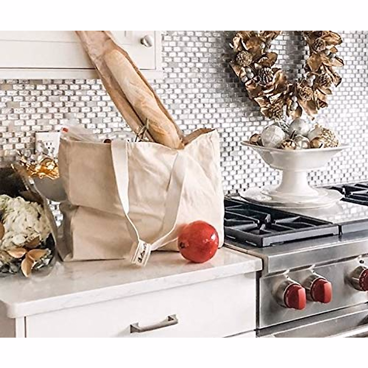 Canvas Grocery Shopping Bags - Cloth Tote Shopping Bags Heavy-duty - Washable Large Grocery Bags, Canvas Reusable Grocery Bags, Wine Shopping Bags with Handles, Reusable Tote Bag (1 Bag) 14"Hx17" Wx5"