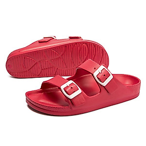 FUNKYMONKEY Women's Comfort Slides Double Buckle Adjustable EVA Flat Sandals (6 M US-Women, Red)