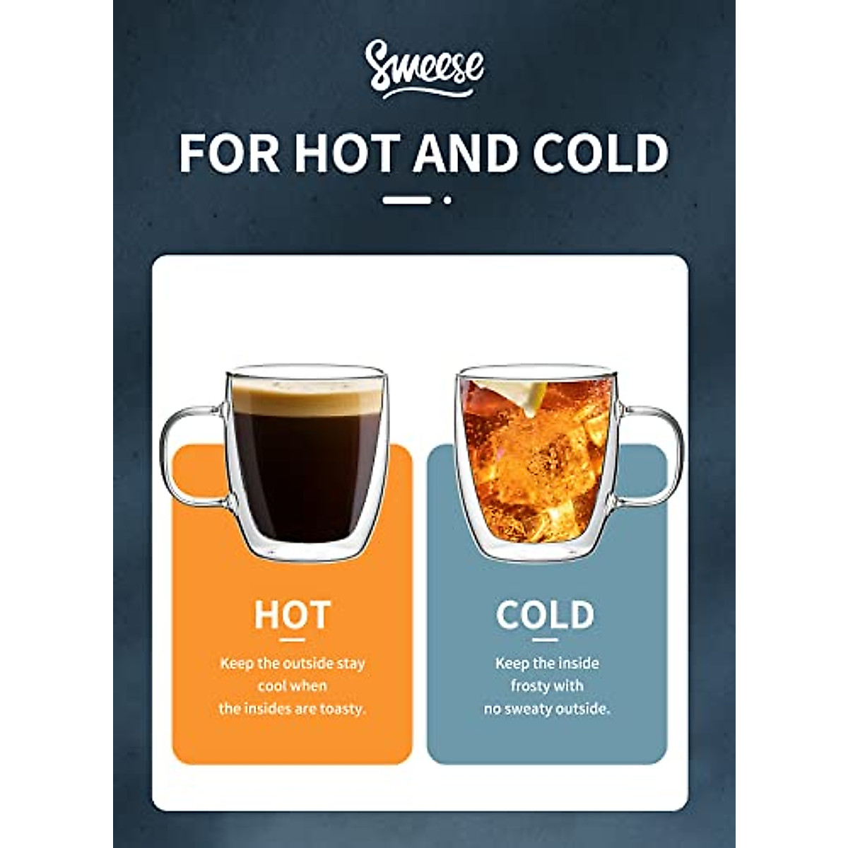 Sweese Double Wall Glass Coffee Mugs - 12.5 oz Insulated Clear Coffee Mugs Set of 2, Perfect for Espresso, Cappuccino, Latte, Americano, Tea Bag, Beverage (413.101)