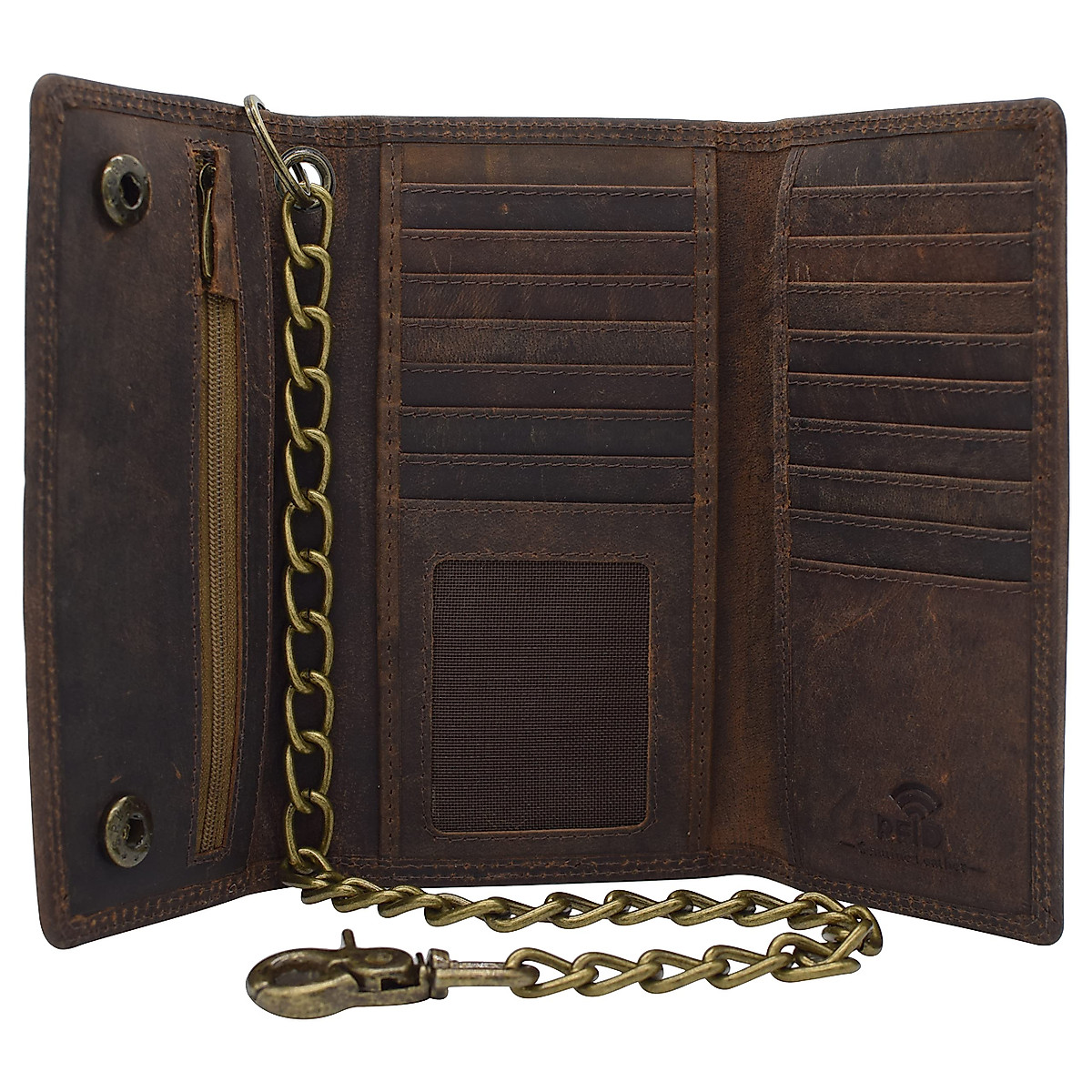 Swiss Marshall Men's RFID Signal Blocking Biker's Vintage Brown Leather Long Tri-fold Chain Checkbook Card ID Wallet (Brown)