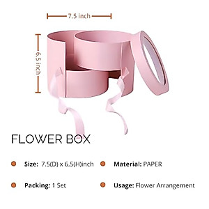 BBJ WRAPS Flower Box with Lid for Arrangements, Double Layers Rotating Drawer Luxury Round Flower Bouquet Gift Boxes Packaging, 1 Set, 7.5"(D) x 6.5"(H) (Pink)