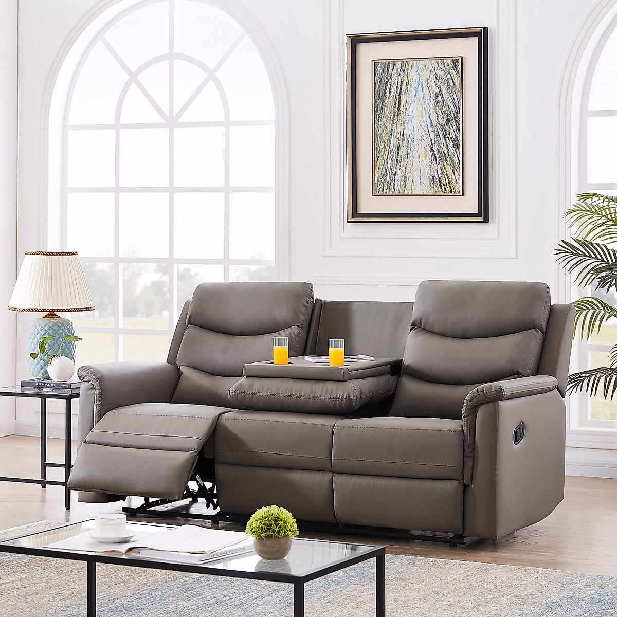 Faux Leather Double Recliner Loveseat Sofa with Console,3-Seater Home Theater Seating RV Furniture w/Drop-Down Table,Pillow Top Armrest Manual Recliling Sofa & Couches with Storage & Cup Holders