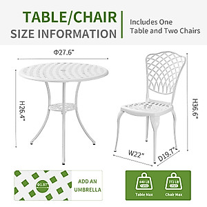 PATIO-IN 3 Piece Outdoor Bistro Set, Cast Aluminum Outdoor Bistro Table and Chairs Set of 2, Rust-Resistant Patio Furniture Set, White Bistro Set 3 Piece Outdoor for Garden, Backyard, Balcony