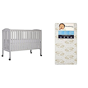 Dream On Me Full Size 2 in 1 Folding Stationary Side Crib with Dream On Me Spring Crib and Toddler Bed Mattress, Twilight