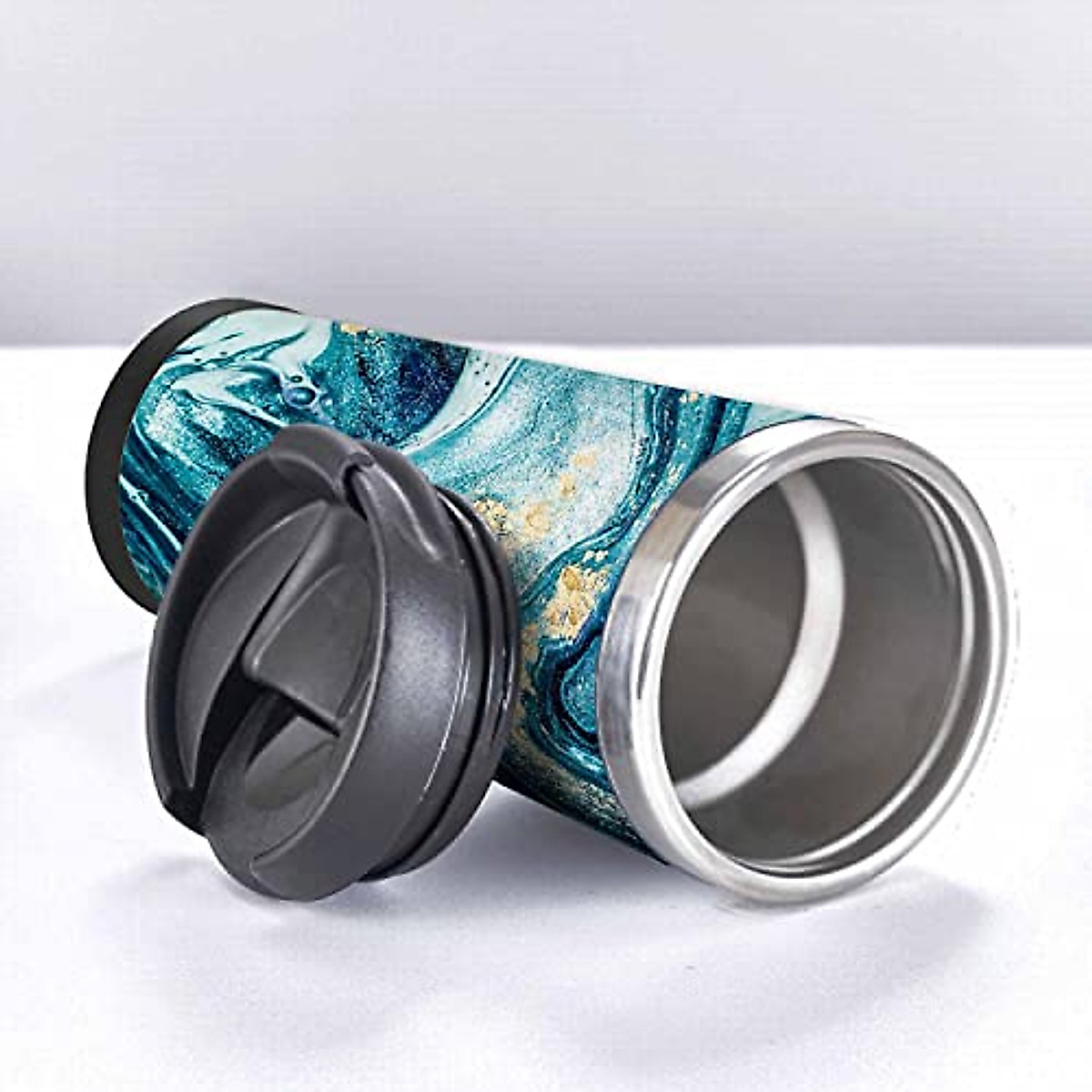 WONDERTIFY Ocean Marble Ripples Agate Coffee Cup Blue Paint Gold Powder Coffee Mug Stainless Steel Bottle Double Walled Thermo Travel Water Metal Canteen