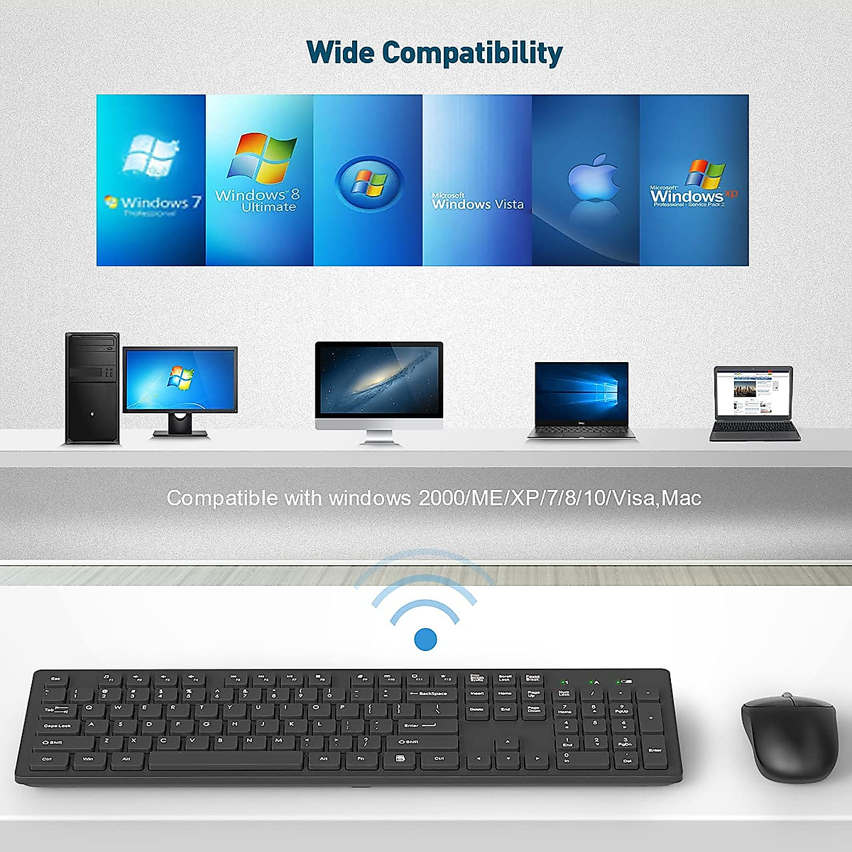 RATEL Wireless Keyboard Mouse Combo, 2.4GHz Slim Full-Sized Silent Wireless Keyboard and Mouse Combo with USB Nano Receiver for Laptop, PC (Black)
