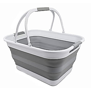SAMMART 29L(7.6 gallon) Collapsible Tub with Handle-Portable Outdoor Picnic Basket-Space Saving Storage Container,Water capacity 24L(6.3 gallon) (1, White/Grey)