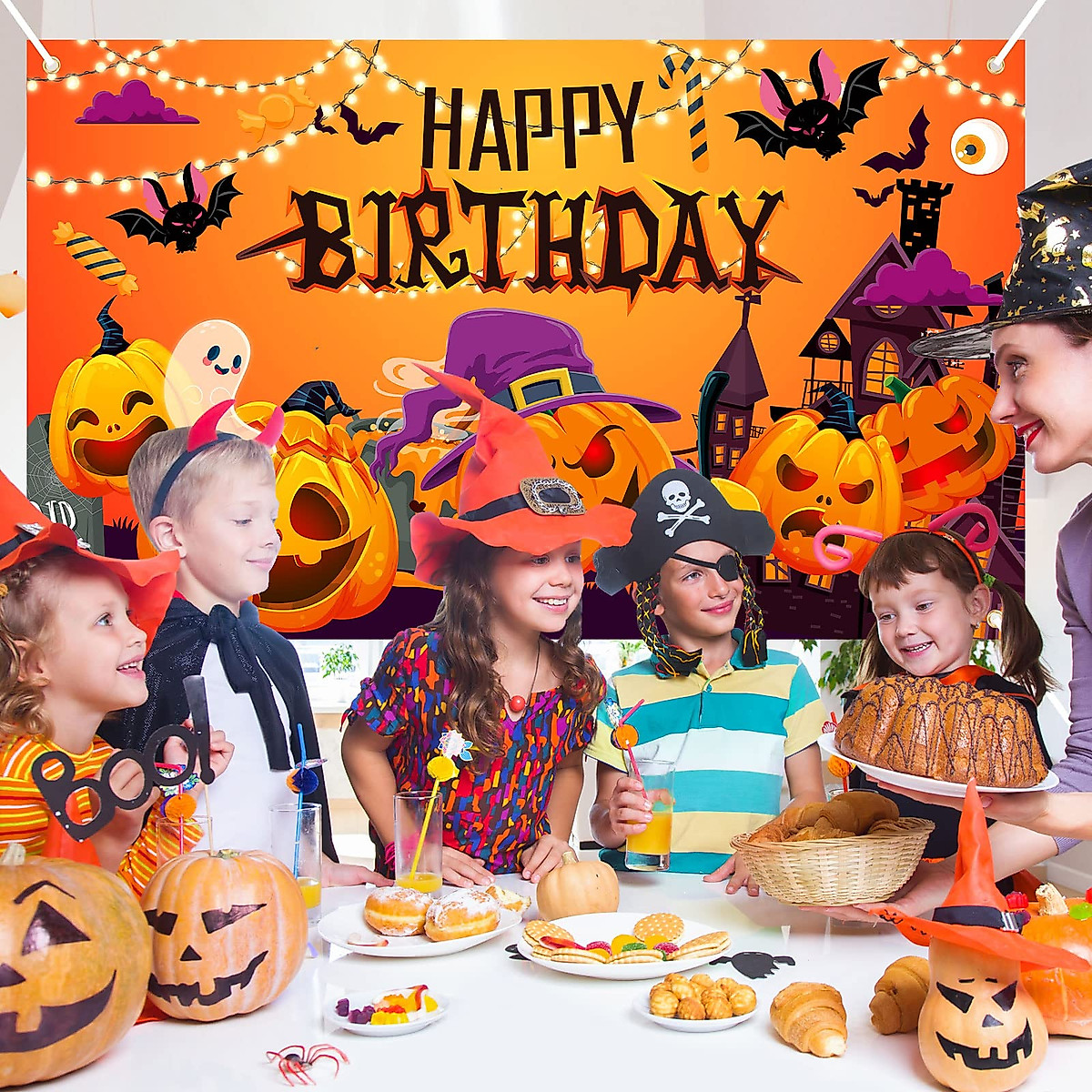 Halloween Birthday Party Decorations Halloween Birthday Banner Happy Birthday Halloween Backdrop for Outdoor Indoor Home Decor Halloween Birthday Party Decor, 35.4 x 59 Inch (Bat)
