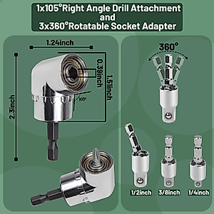 38Pcs Flexible Drill Bit Extension Set, 105° Right Angle Drill Attachment, Bendable Drill Extension, Rotatable Joint Socket 1/4 3/8 1/2 Inch Hex Socket Adapter, Screwdriver Bit Kit & Bits Holder