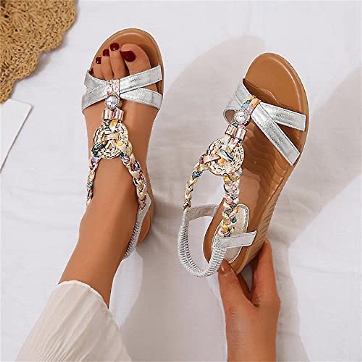 Women's Tan Sandals Ladies Fashion Bohemian Summer Leather Knitted Rhinestone Decoration Slope Heel Sandals (Silver, 8)