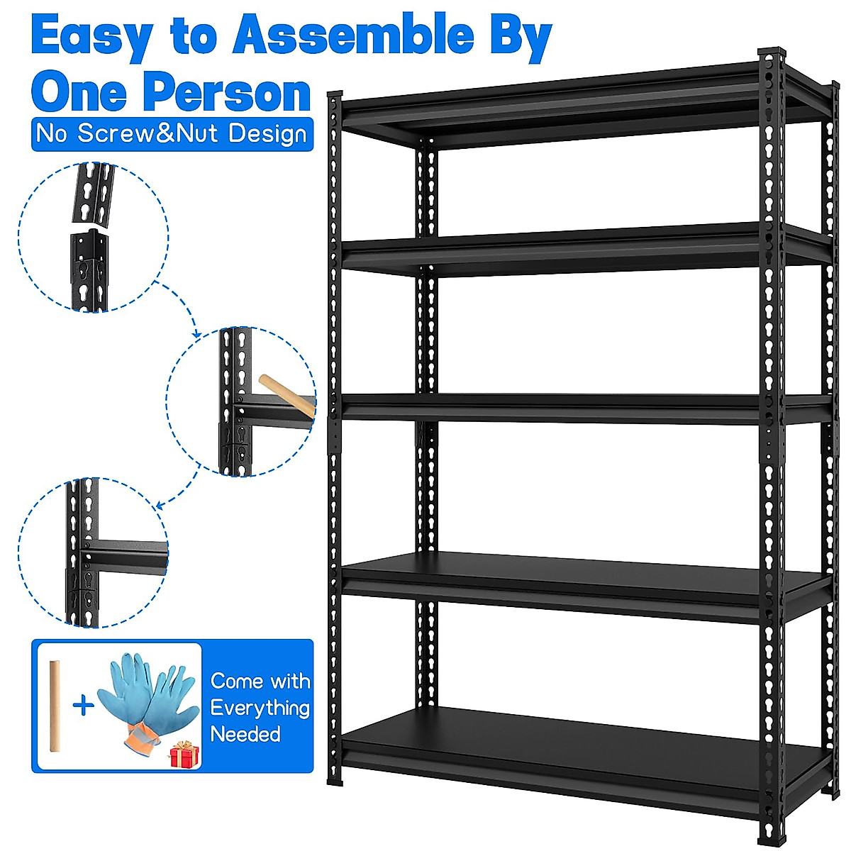 Rufokisa 48" W Garage Shelving Heavy Duty，2500LBS Loads Adjustable Garage Storage Shelves, 5-Tier Metal Shelving Units and Storage Racks Heavy Duty, 48”W x 18”D x 78”H，Black…