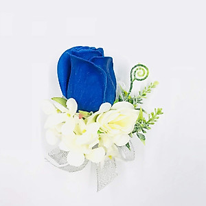 Abbie Home Prom Corsage Boutonniere Set Rose Flower Pin Wristlet for Party (Royal Blue)
