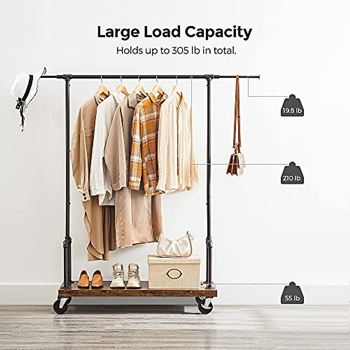 VASAGLE Rolling Clothes Rack, Garment Rack for Hanging Clothes with Wheels, Hanging Rail and Shelf, Heavy-Duty, Industrial Pipe Design, Rustic Brown and Black URGR110B01